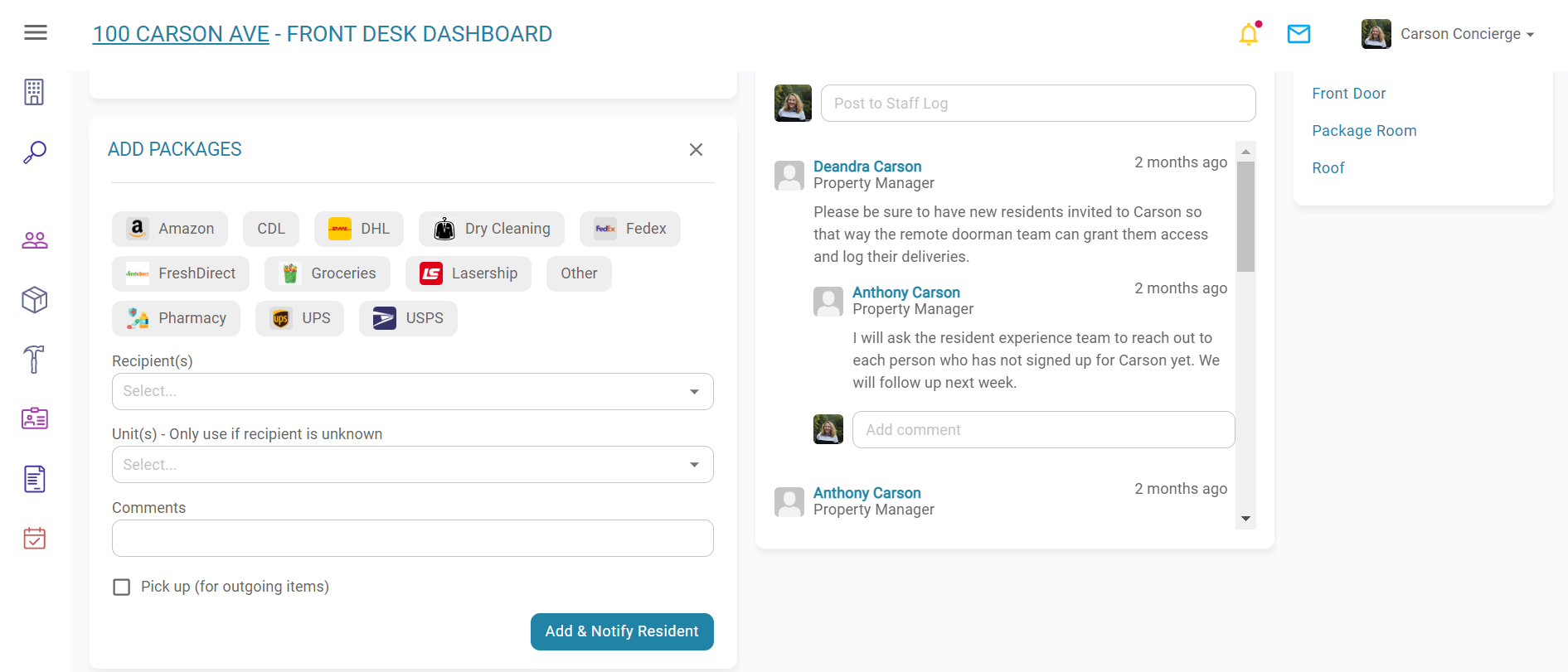 Logging Deliveries from the Front Desk Dashboard – Carson Living