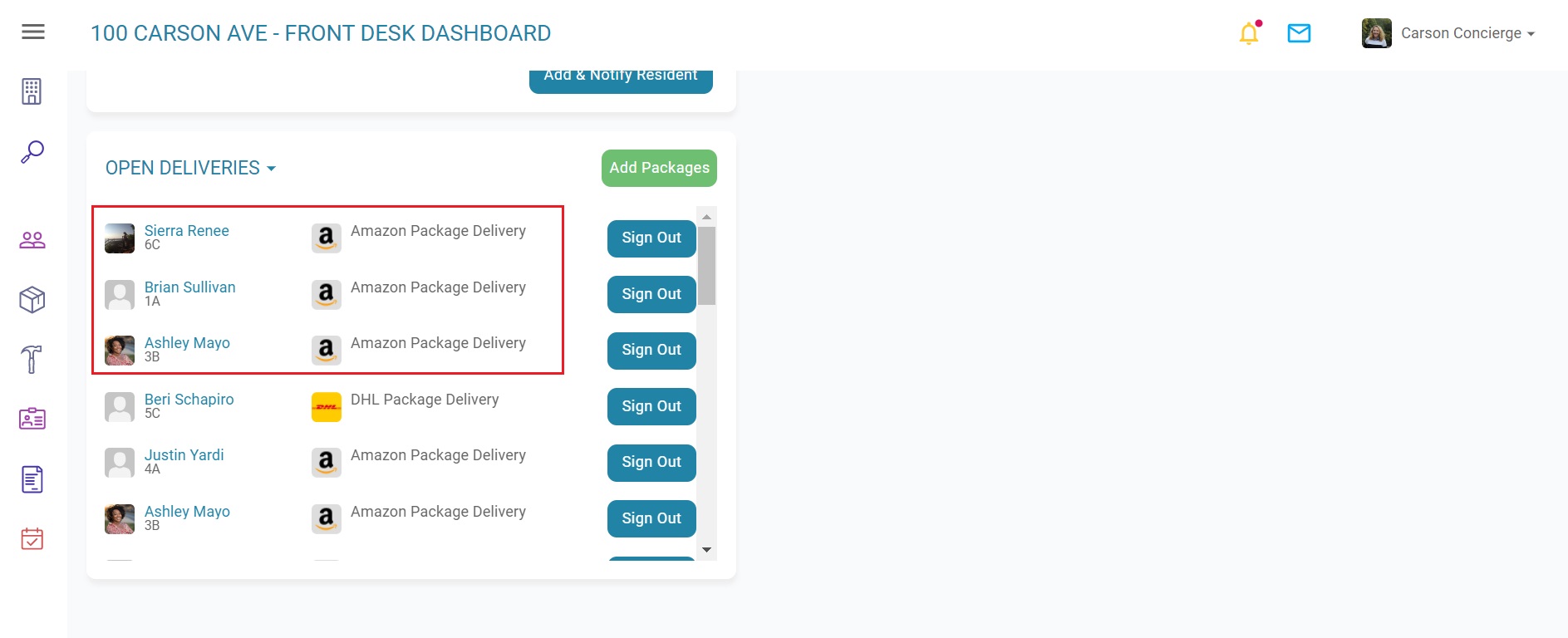 Logging Deliveries from the Front Desk Dashboard – Carson Living
