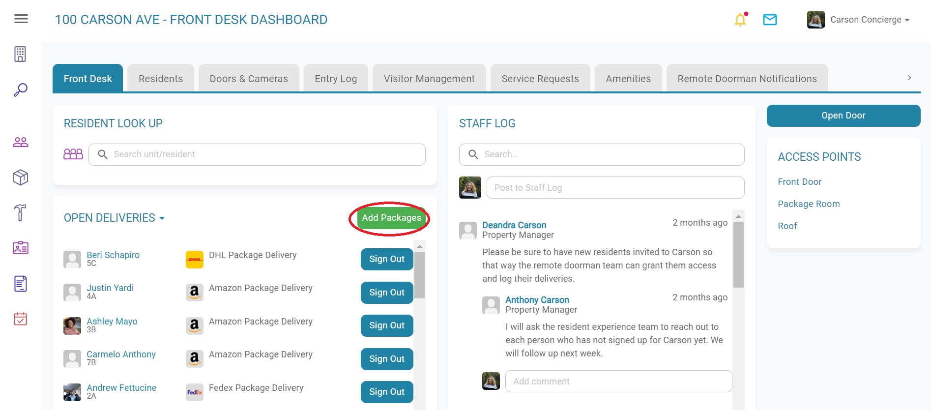 Logging Deliveries from the Front Desk Dashboard – Carson Living